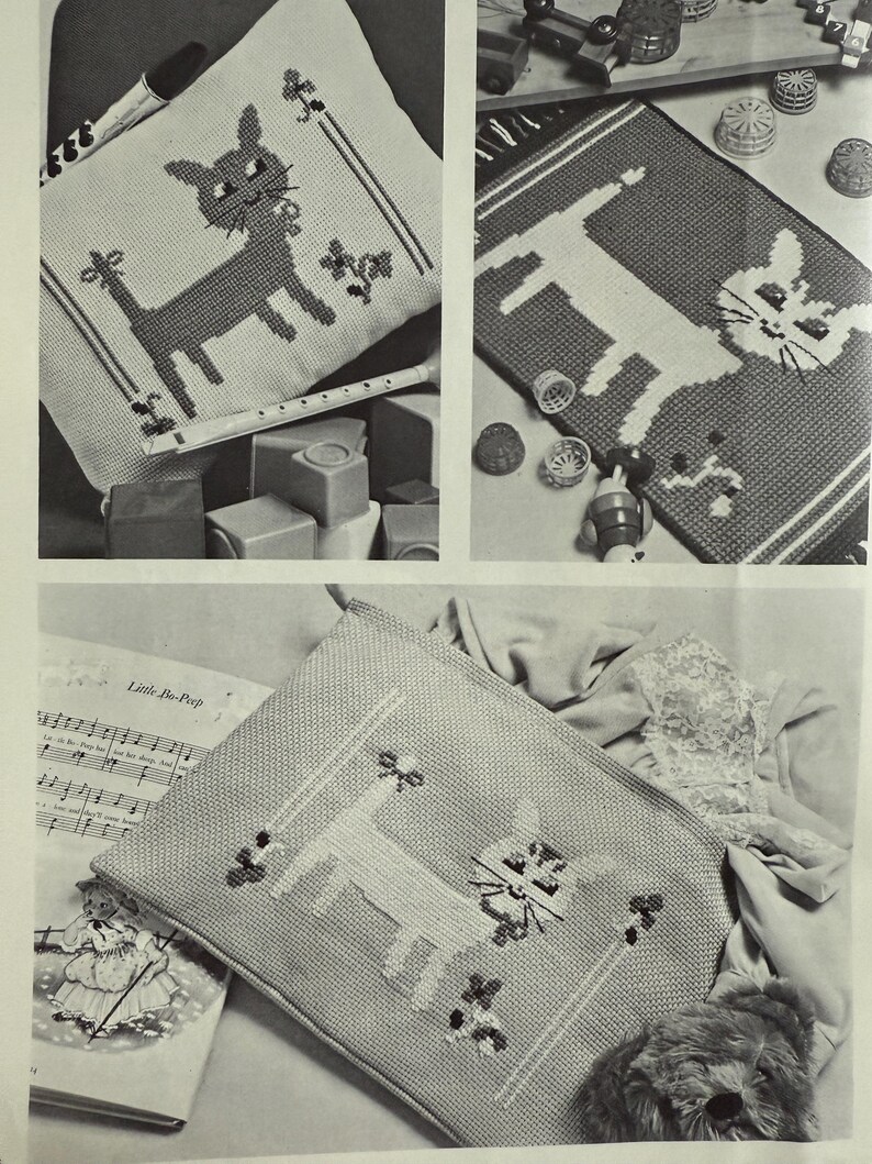 Vintage 1960s Cross Stitch Cat Rug, Cushion & Nightcase Pattern ...