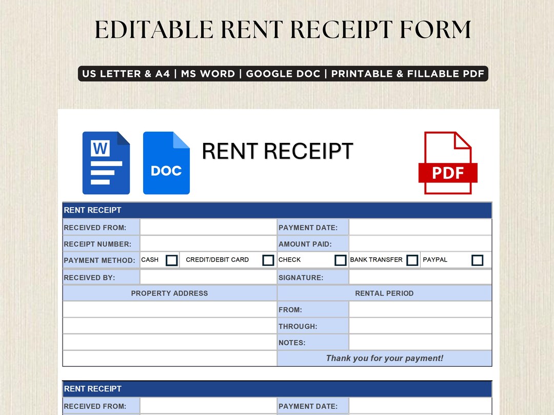 Editable Rent Receipt Template: Landlord Tenant Form (digital Download ...