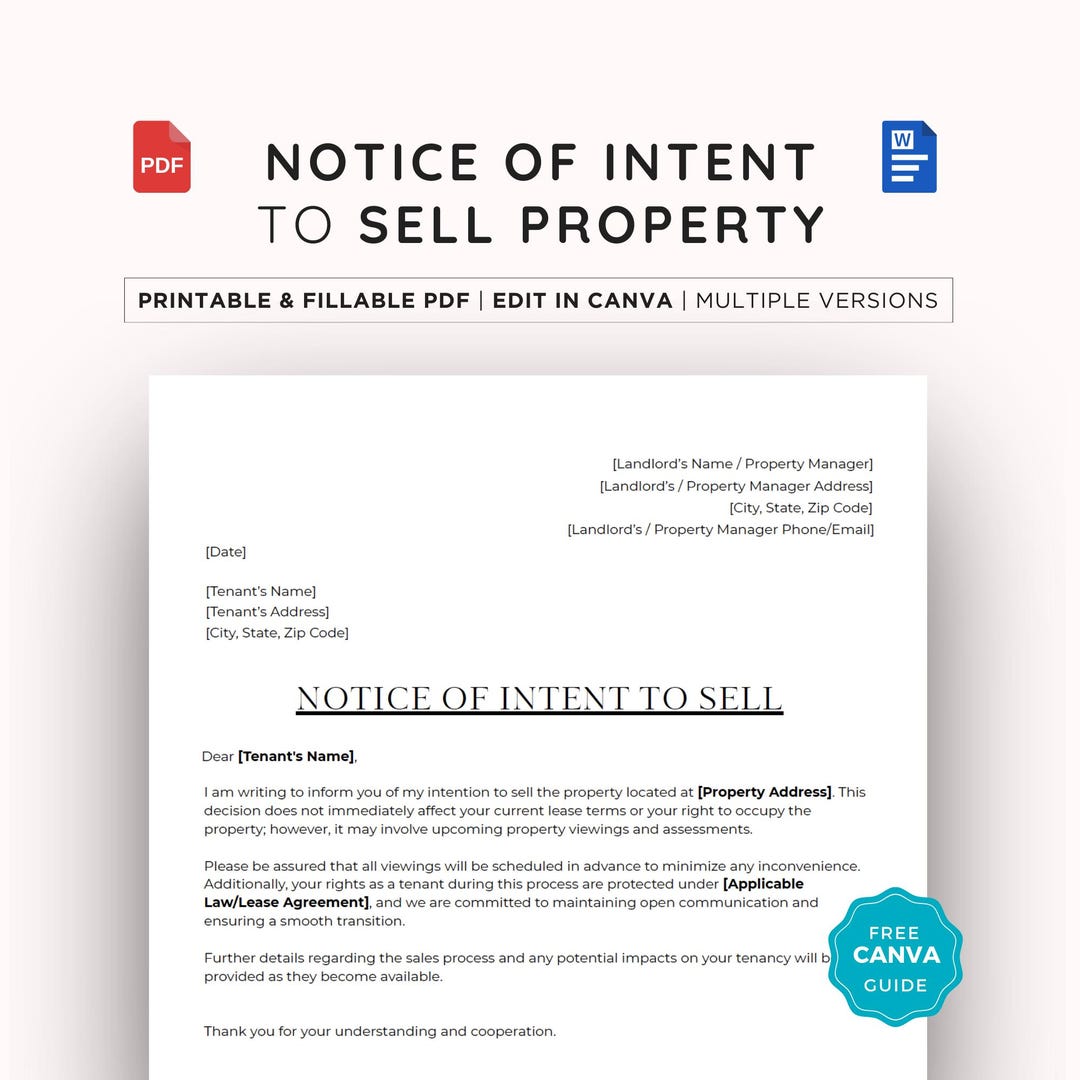 Landlord Intent to Sell Property Letter Template for Tenants: Canva ...