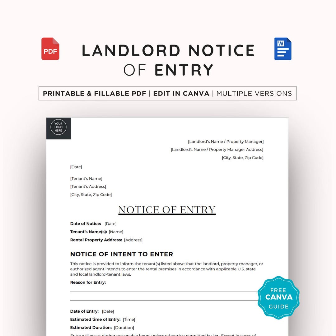 Landlord Notice to Enter Premises - Editable Rental Letter Canva ...