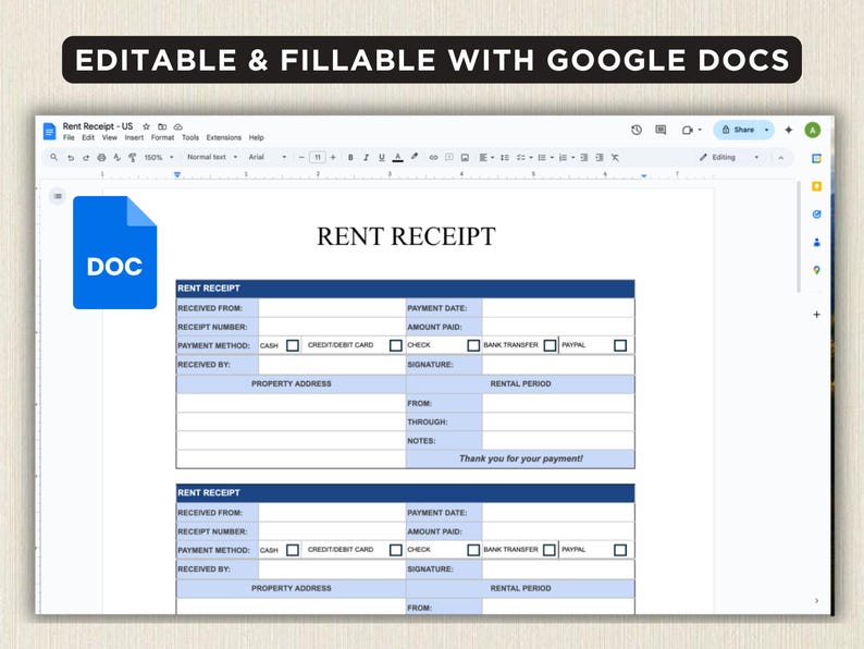 Editable Rent Receipt Template: Landlord Tenant Form (digital Download ...