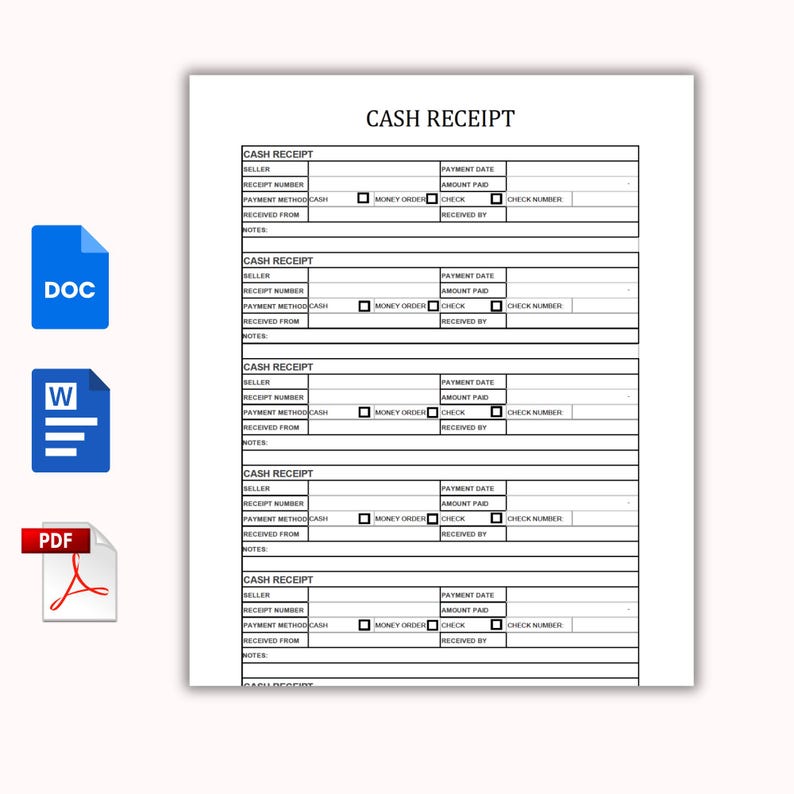 Cash Receipt Template, Editable Business Receipt, Printable Cash Book ...