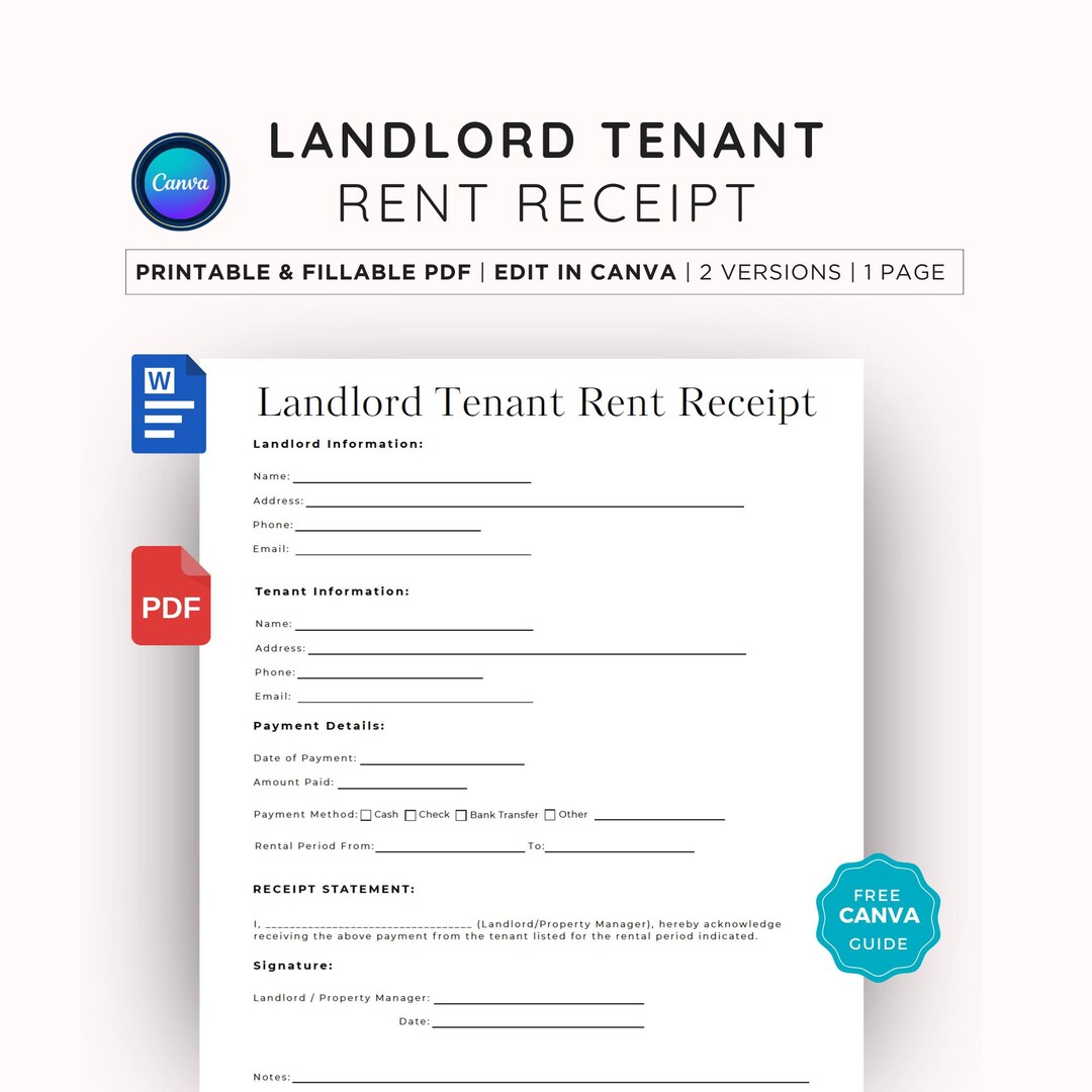 Landlord Tenant Rent Receipt Template | Fillable PDF + Editable Canva ...