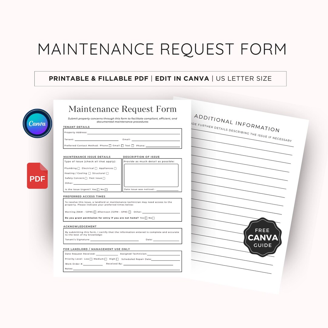 Maintenance Request Form | Editable Template | Fillable PDF & Canva ...