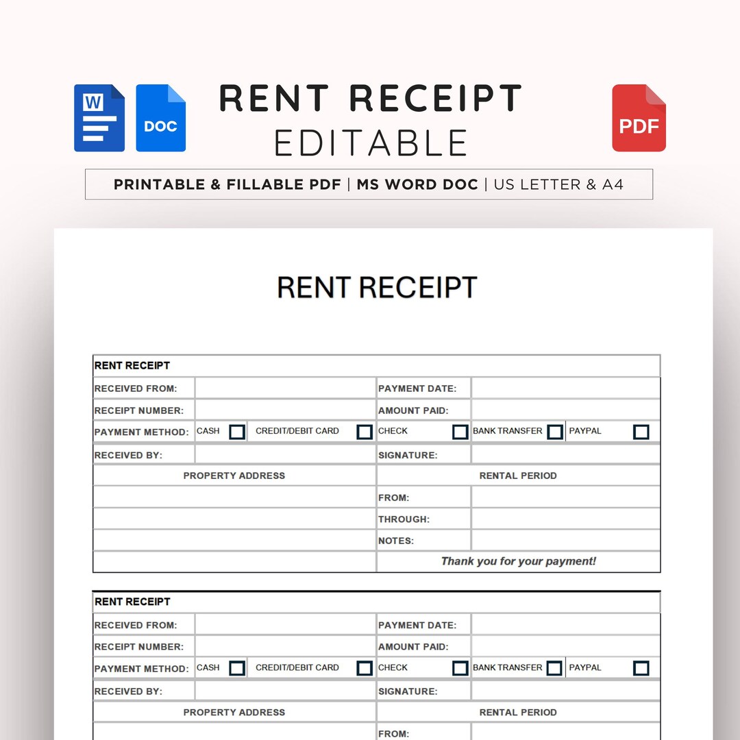 Fillable Rent Receipt Template: Landlord Tenant Form (digital Download ...
