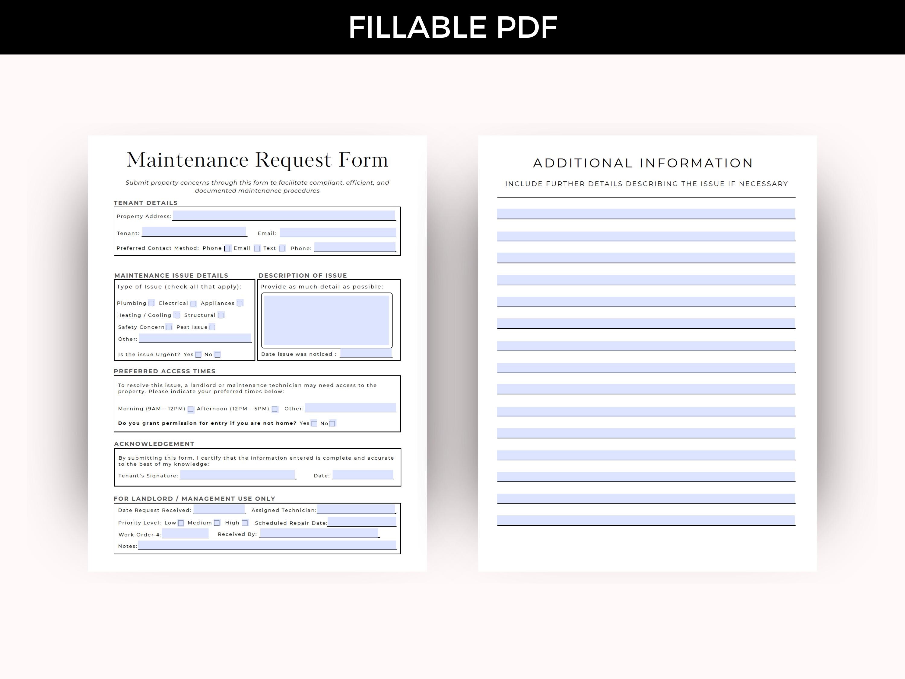 Maintenance Request Form | Editable Template | Fillable PDF & Canva ...