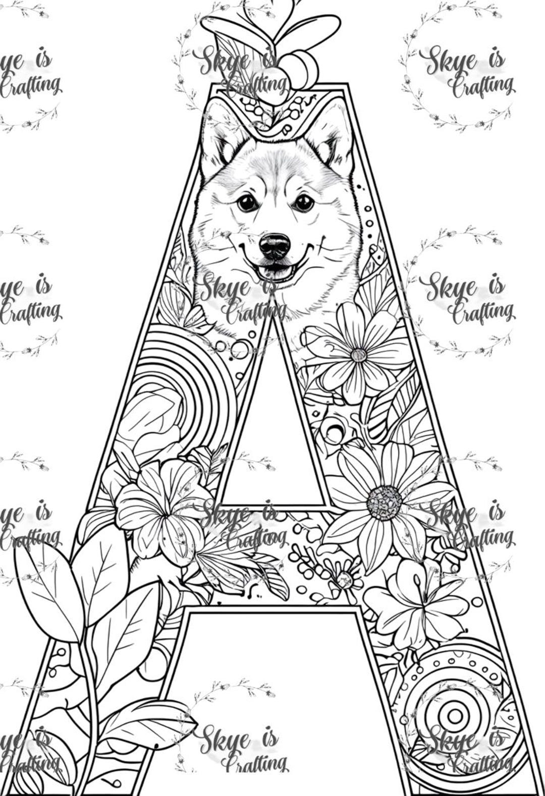 Coloring Page - Alphabet: Dogs & Flowers - A -akita - Etsy