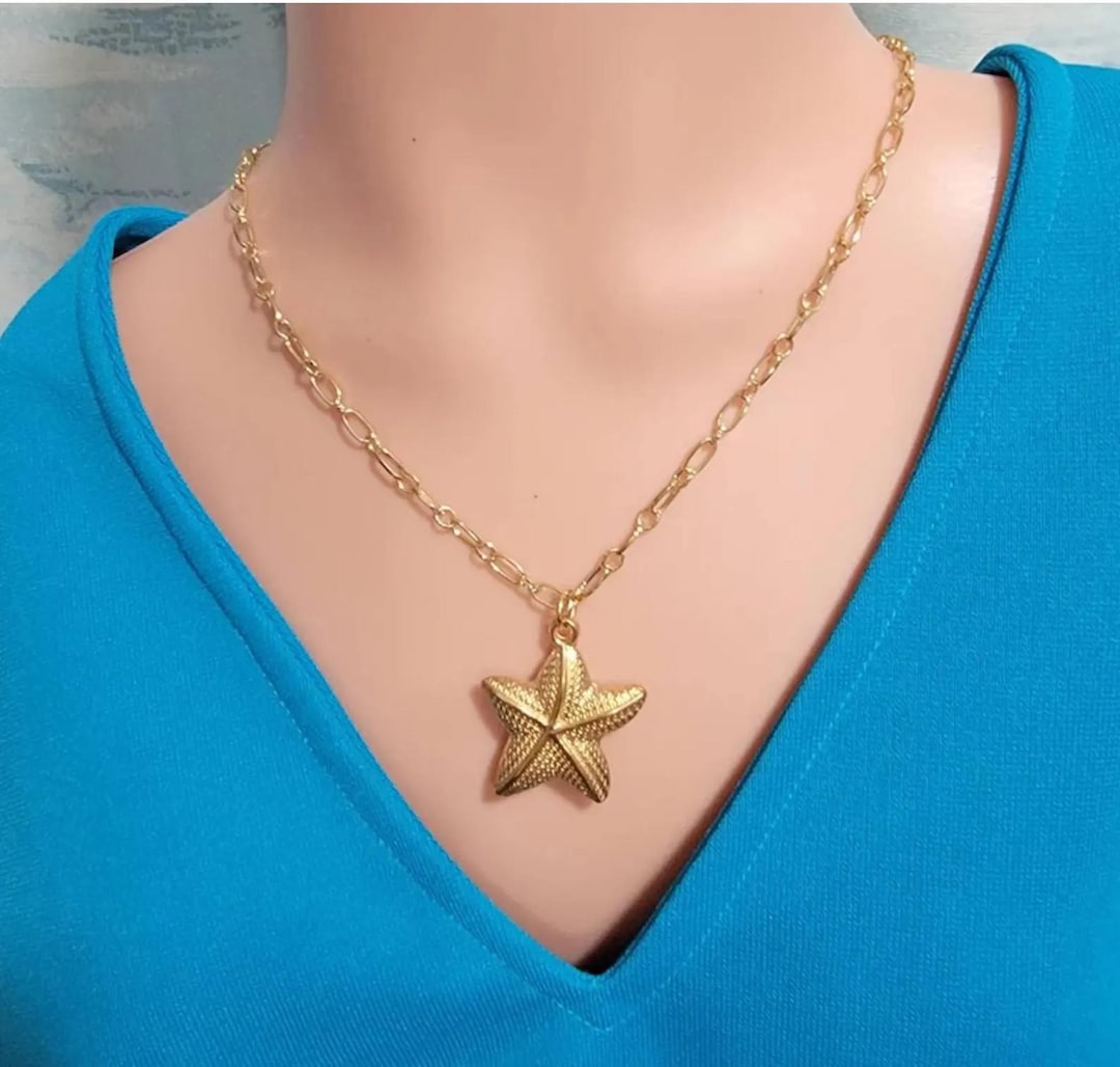 16" Gold Tone Starfish Pendant Necklace W/cable Chain/minimalist ...