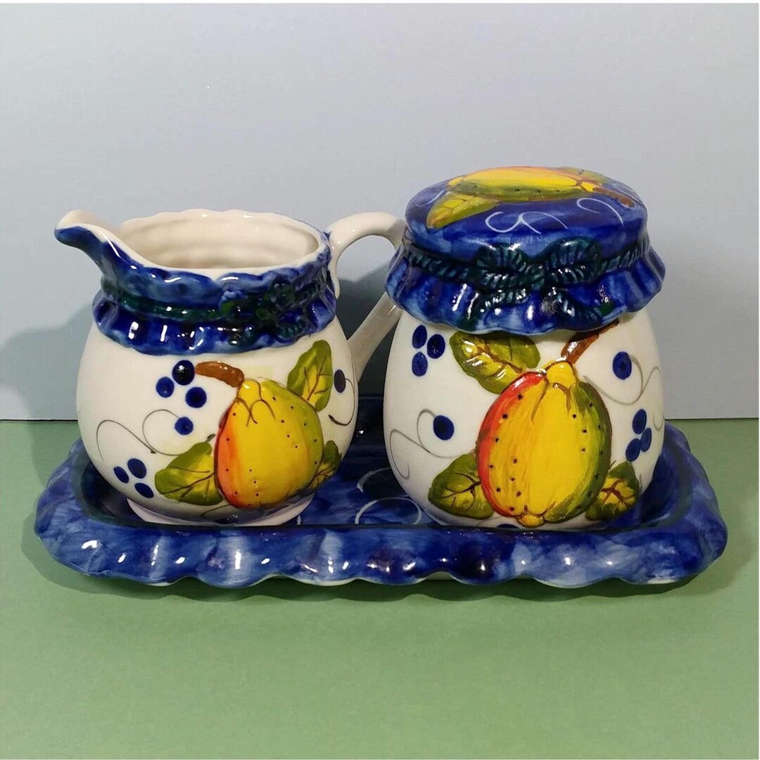 3 Pc Ceramic Sugar & Creamer Set W/underplate, Fruit Motif Cobalt Blue/yellow White Orange ...