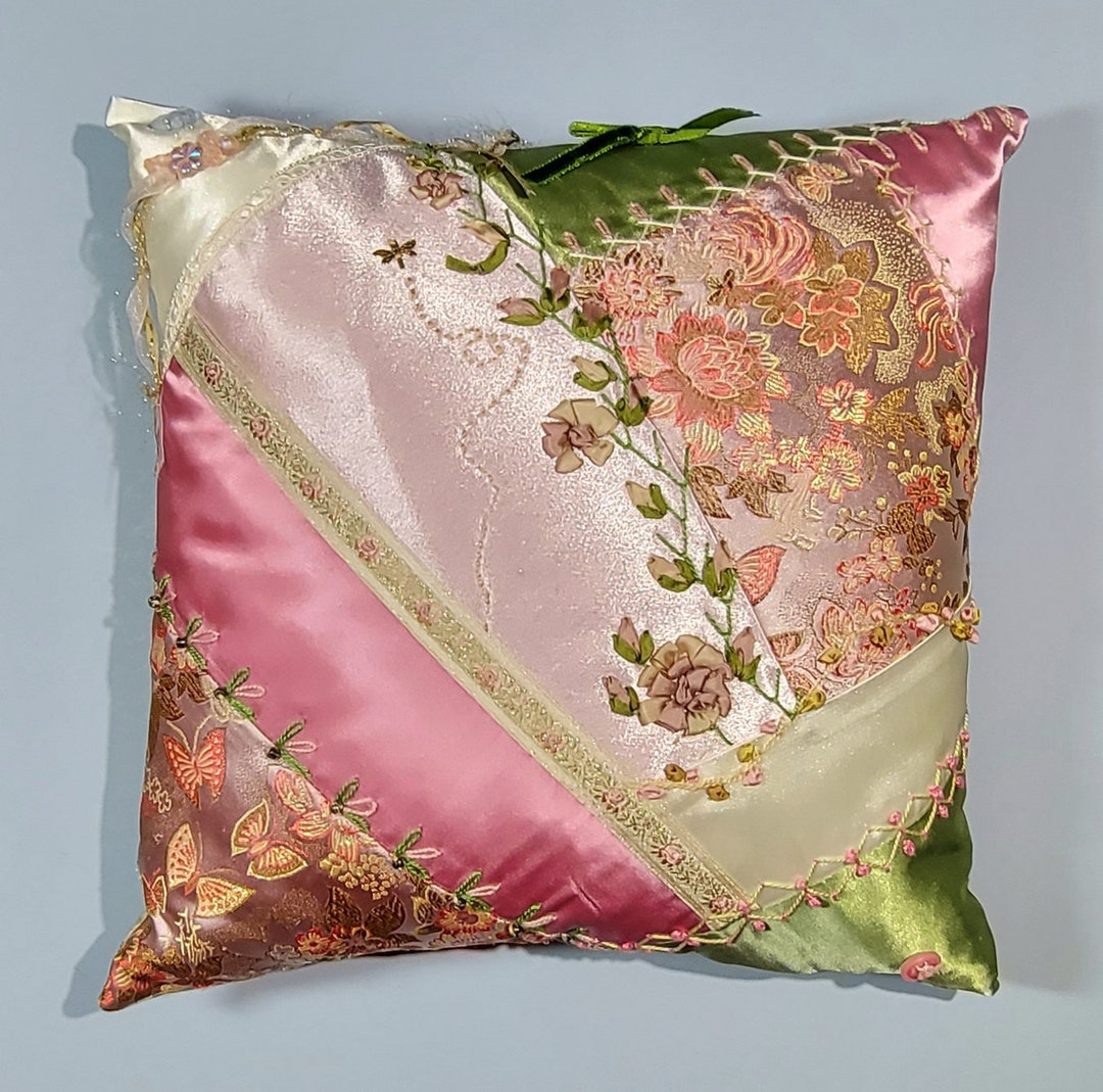 12x12 Victorian Quilt Style Shabby Chic Pillow W/satin Ribbon Flowers ...