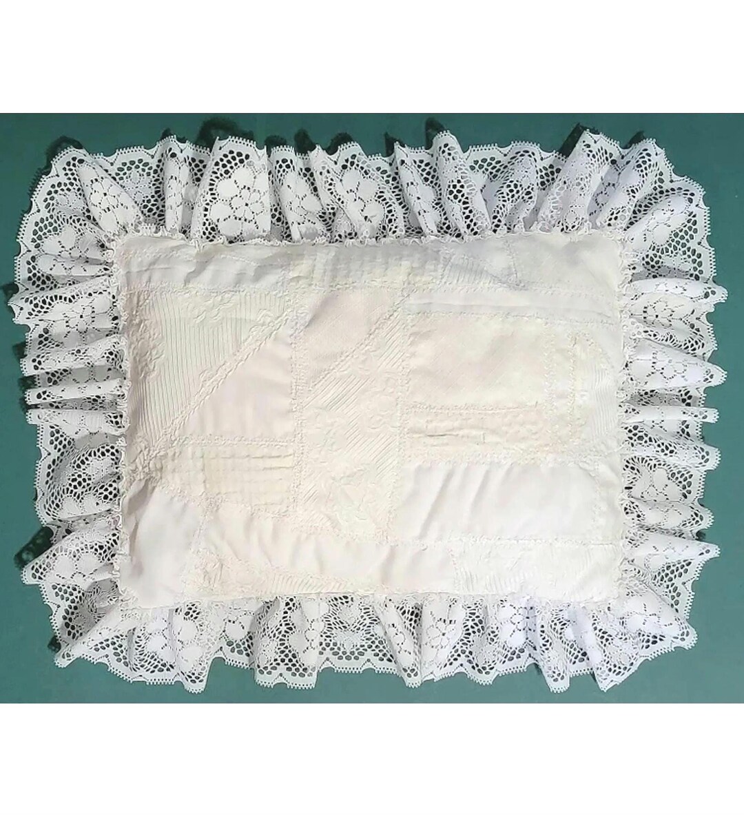 13"x16" Lacy, White Fabric Patchwork Pillow W/frilly Ruffled Raschel ...