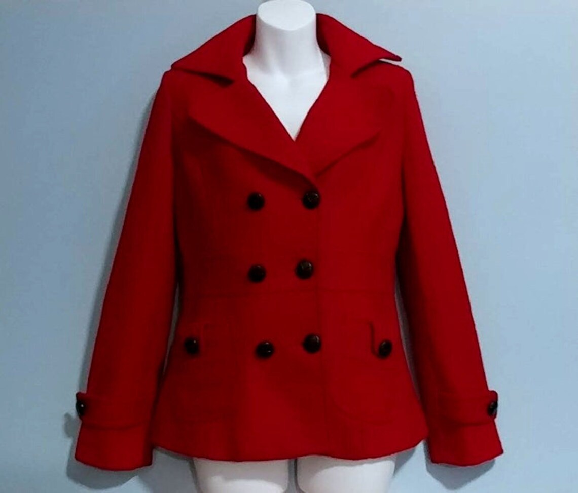 1990s Red Pea-coat Style Coat Bust 36 Double Breasted Notch - Etsy
