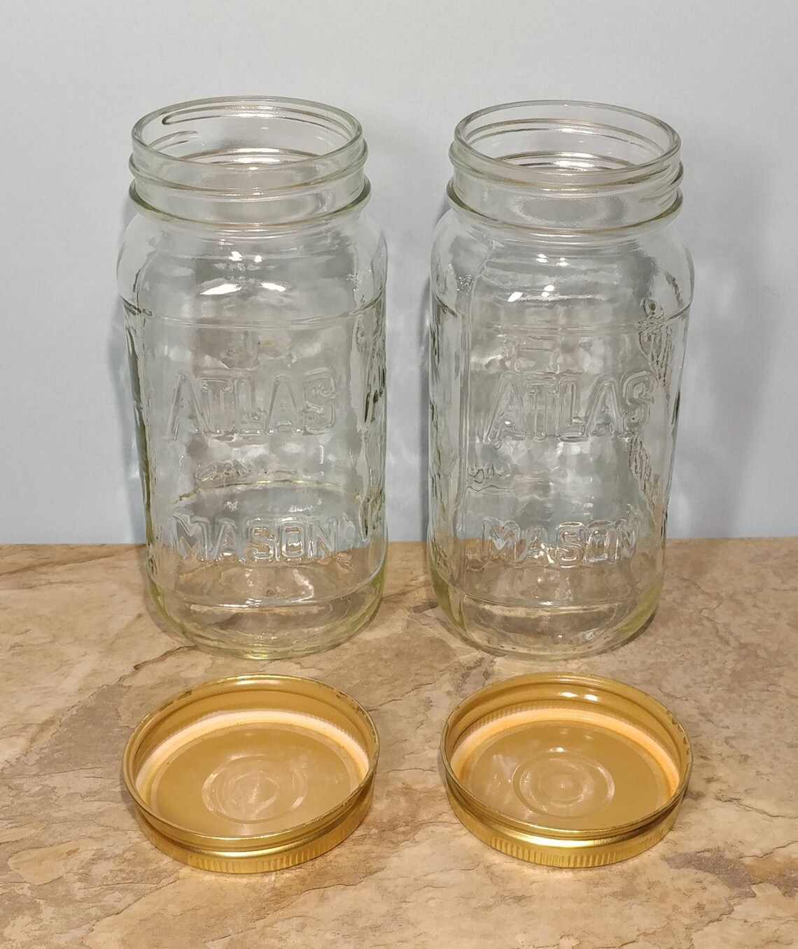 2 Matching 6.5 Tall Clear Glass Atlas Mason Jars Gold | Etsy