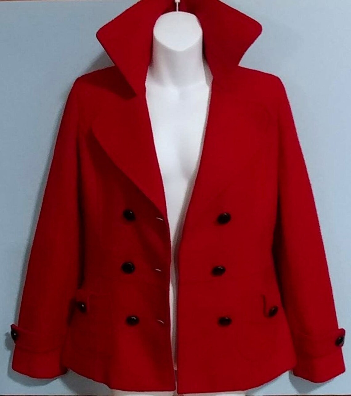 1990s Red Pea-Coat Style Coat Bust 36 Double Breasted Notch | Etsy