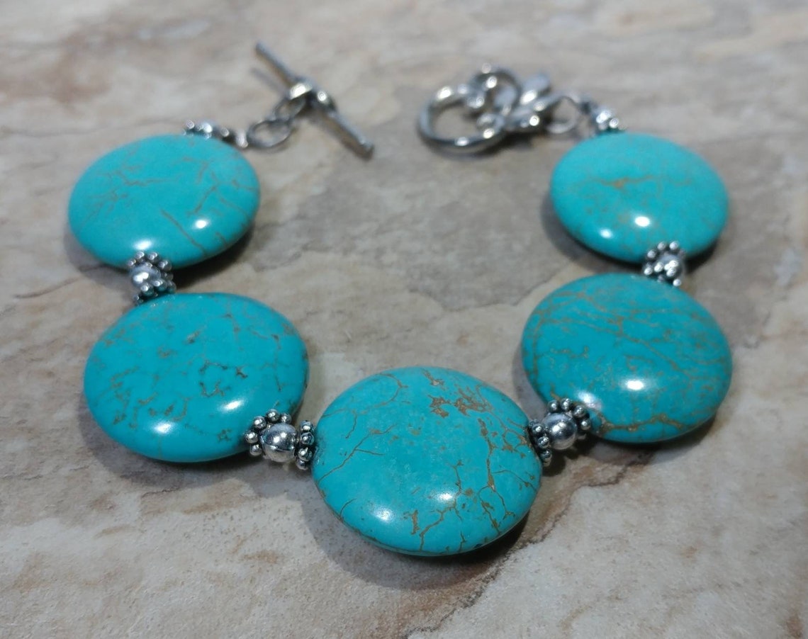 8 Genuine Round Turquoise Bead Bracelet w/ Silver Tone | Etsy