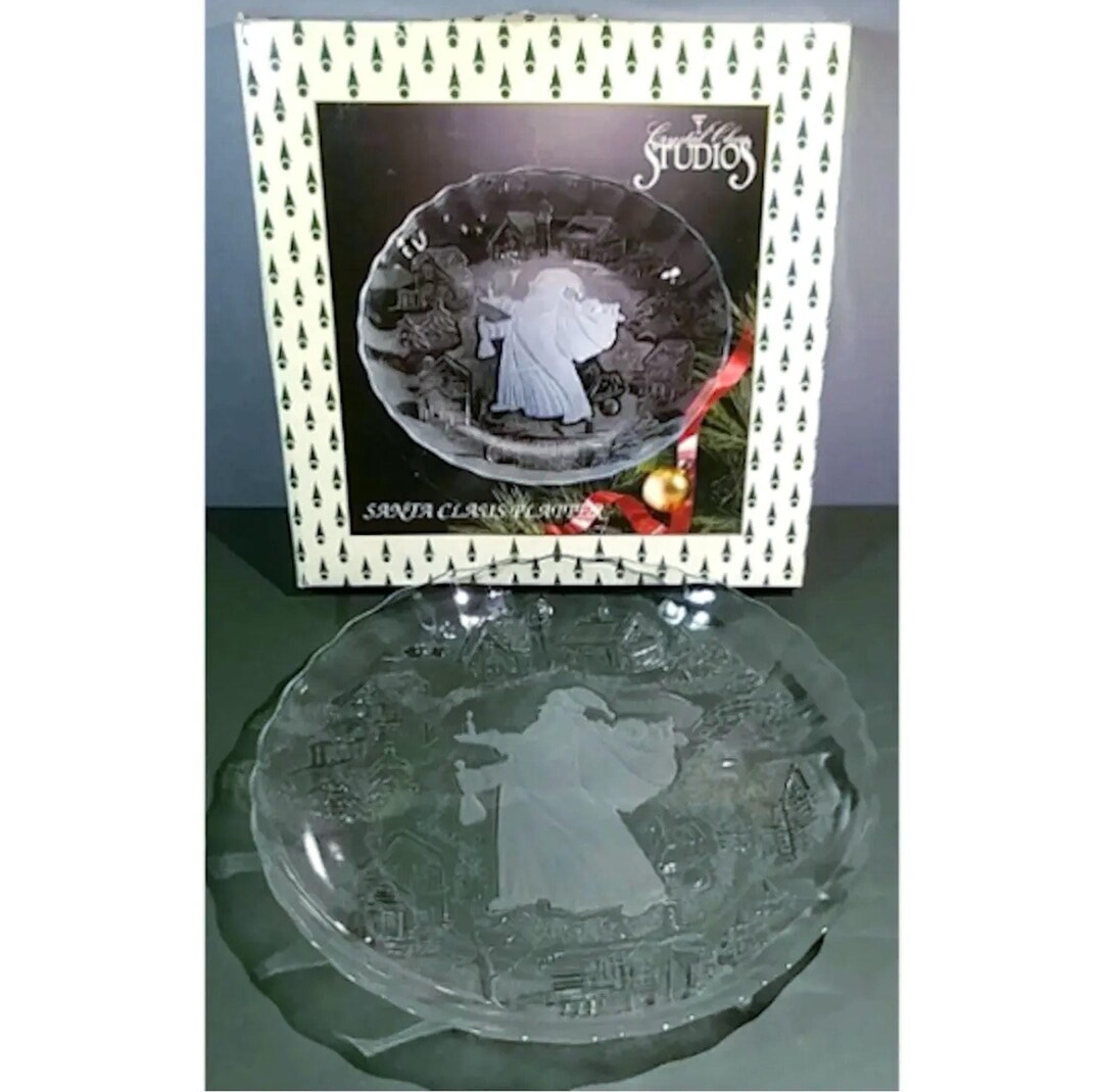 13" 1995 Crystal Clear Studios Frosted Glass Santa Platter in Original ...