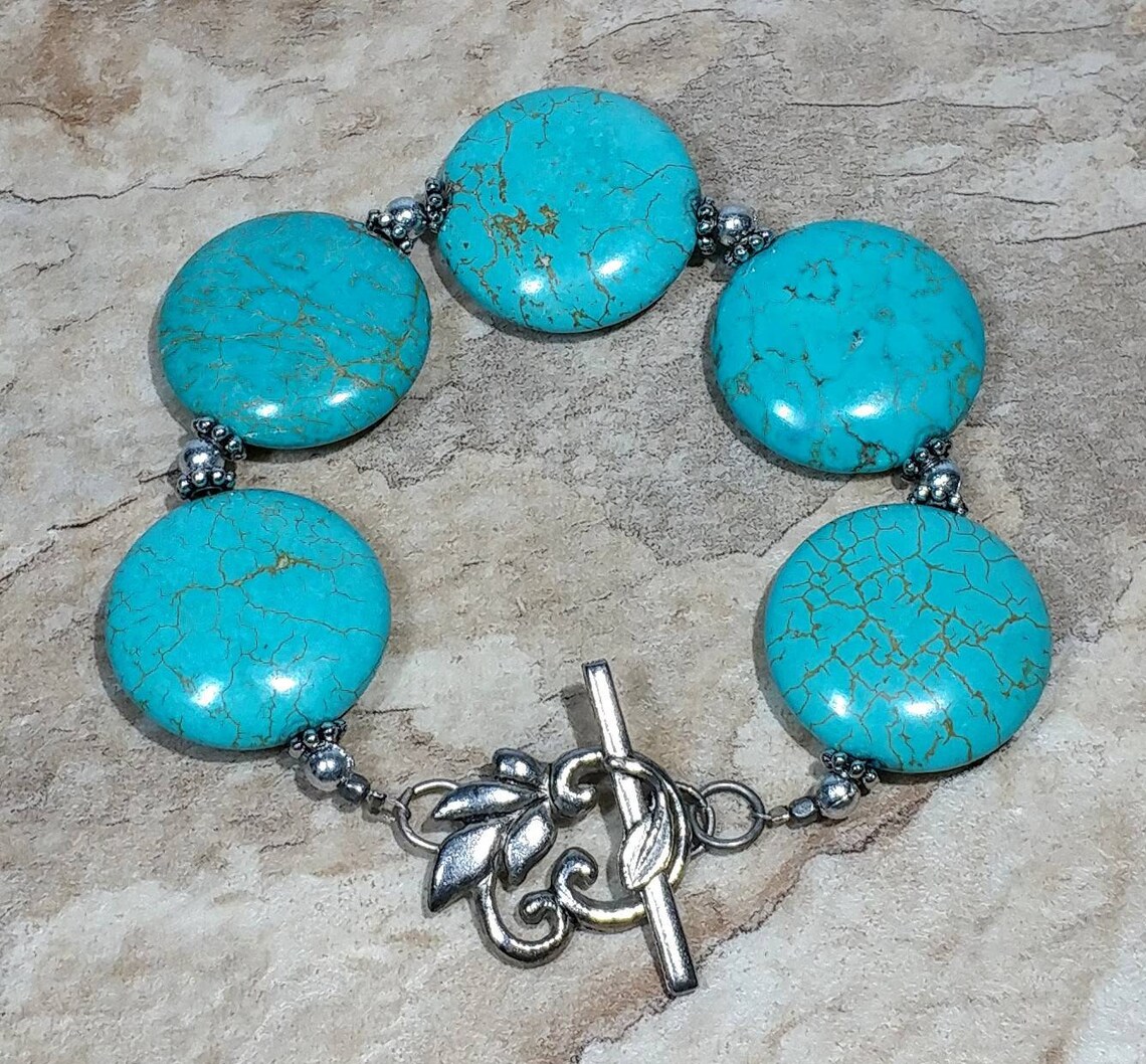 8 Genuine Round Turquoise Bead Bracelet w/ Silver Tone | Etsy