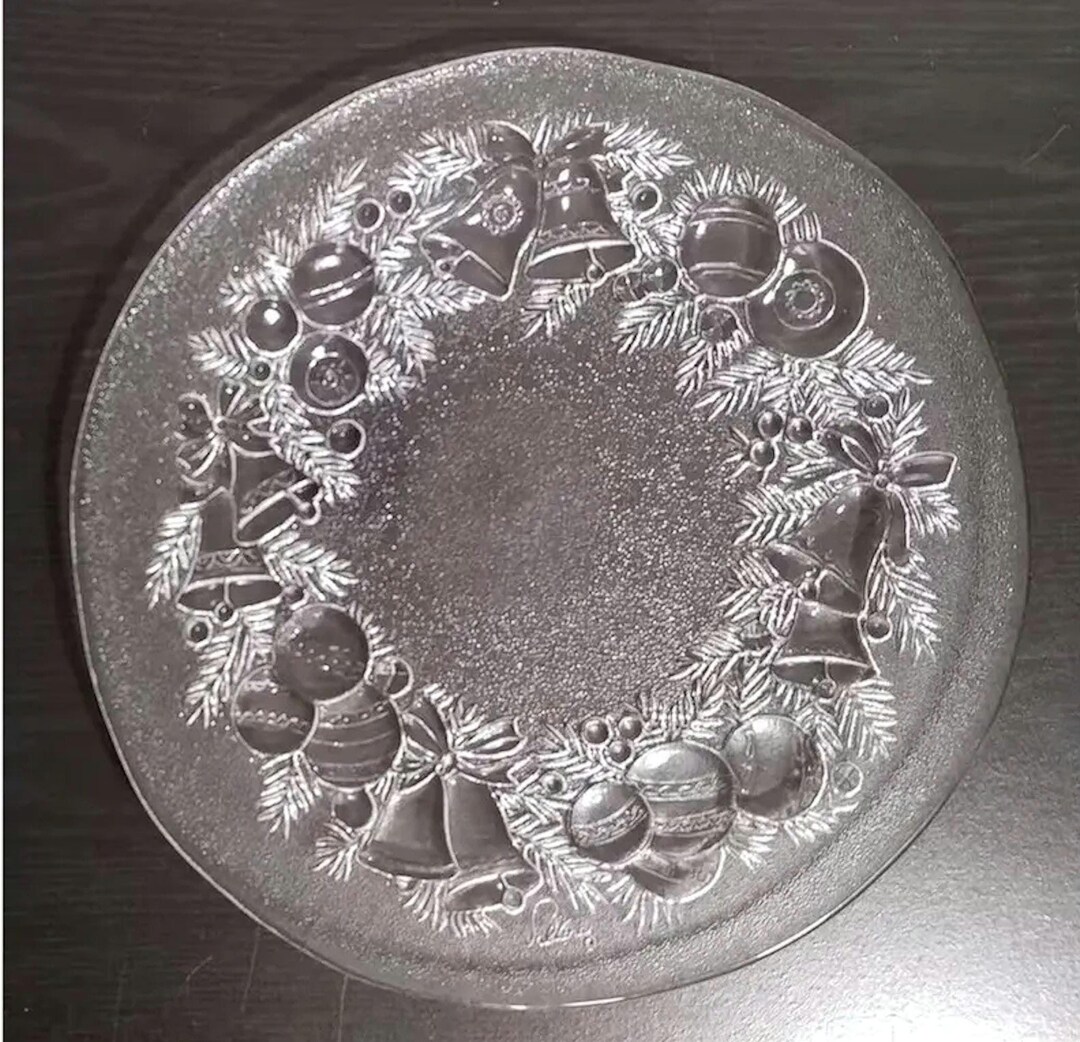 1990s, 12.5" Round Glass Christmas/holiday Platter W/embossed Ornaments ...