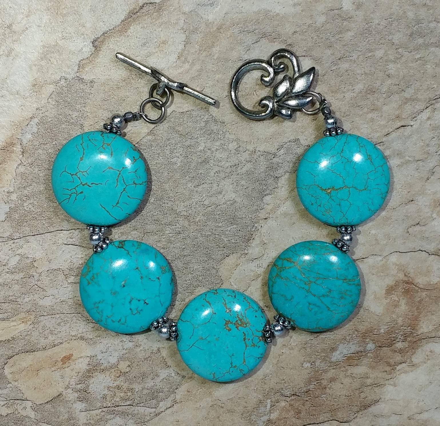 8 Genuine Round Turquoise Bead Bracelet W/ Silver Tone - Etsy