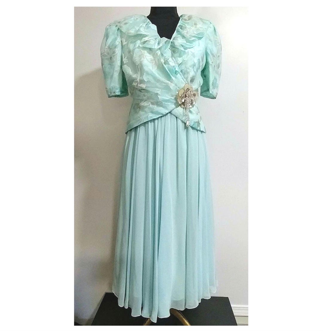 80s Bust 40, 2 Pc Miss Elliette Ellis Chiffon Evening Gown Soft Teal ...