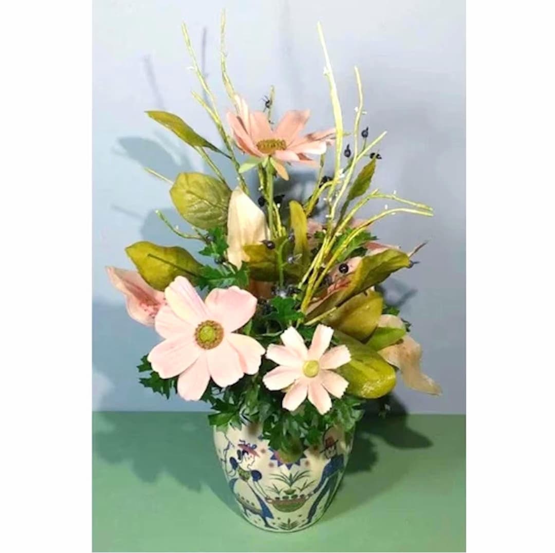 16hx10w Silk Pink Cosmos Floral Centerpiece Inside 1940s Webton Ware ...