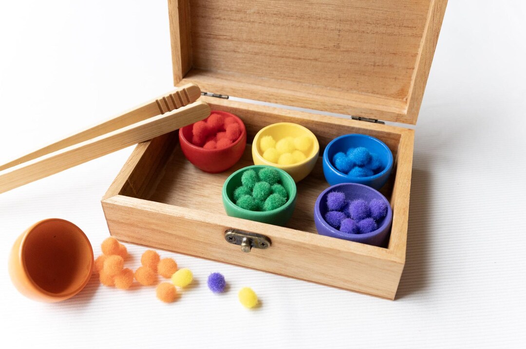 Pom Pom Sorting and Counting Activity Box, Wooden, Montessori Learning ...