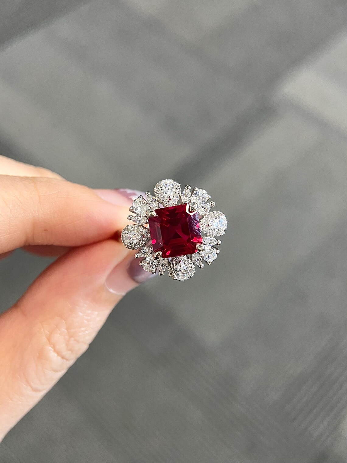Vintage 3.4 Carat Asscher Cut Ruby Ring: Handmade 925 Silver Halo ...