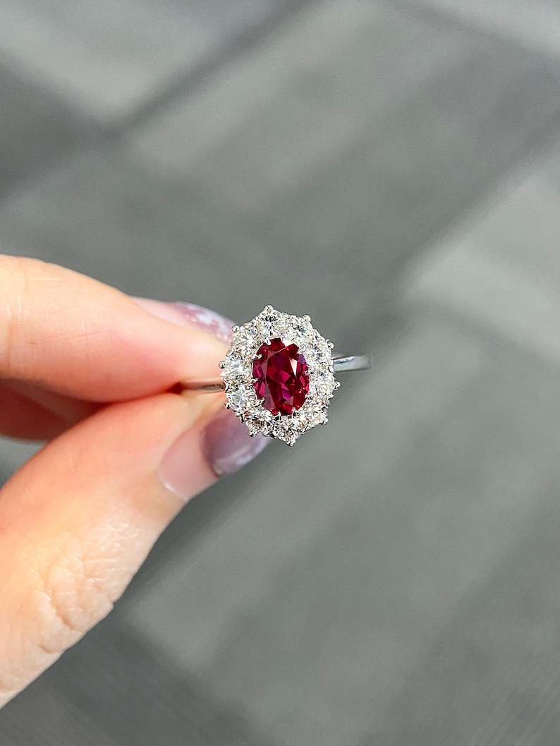 Unique Oval Cut Red Corundum Engagement Ring,classic Cluster Lady Ring ...