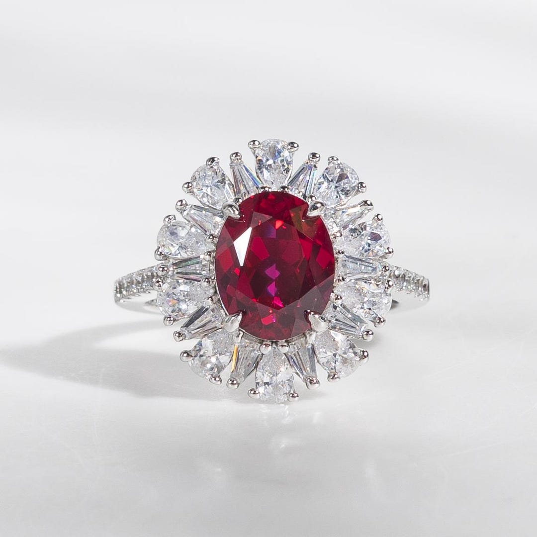 3 Carat Lab Grown Red Ruby Engagement Ring, Dainty Handmade 14K White ...