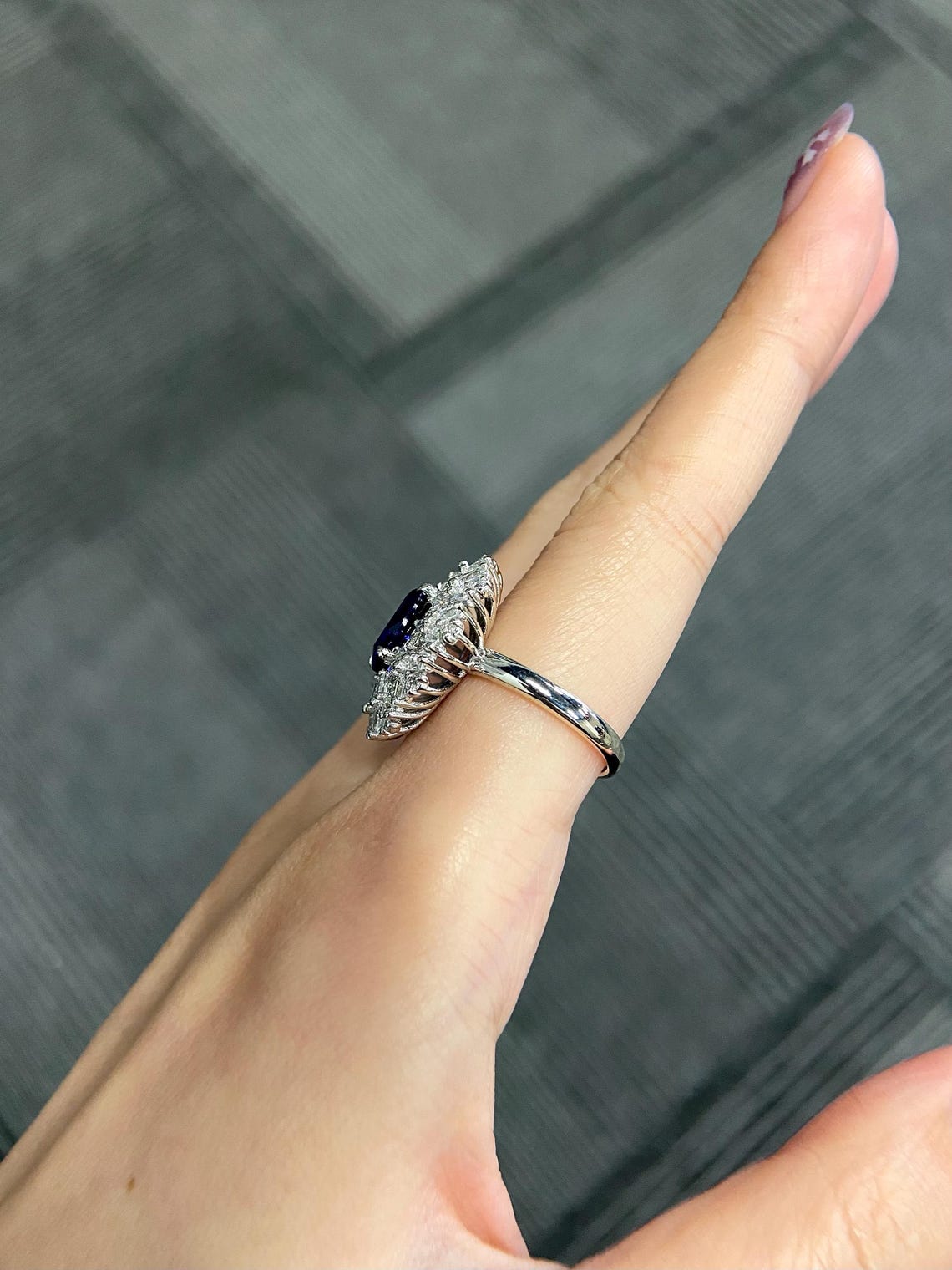 3.5 Carat, Lab Grown Blue Sapphire Princess Diana Ring / Halo Diamonds ...