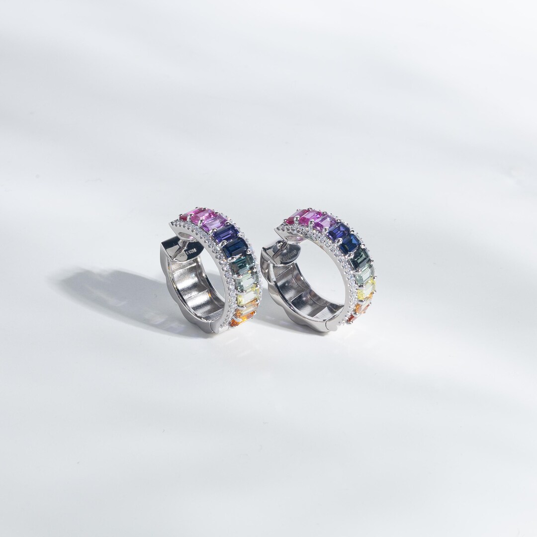 Emerald Cut Lab Grown Rainbow Sapphire Hoop Earrings, Sterling Silver ...