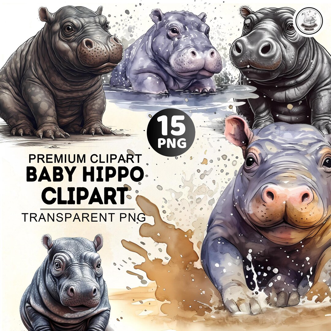 15+ Cute Hippo Clipart, Watercolor Baby Hippo Clipart Bundle PNG, Baby ...