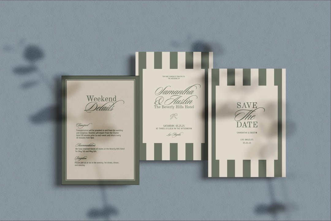 Old Money Beverly Hills Aesthetic Green Stripes Wedding Invitation ...