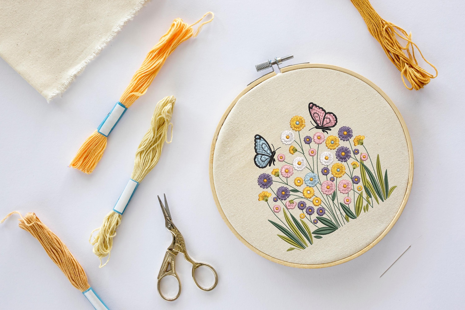Summer Meadow Flowers Embroidery , Wildflowers With Butterflies ...