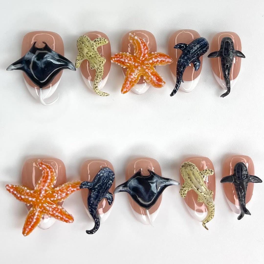 3D Ocean Animal Press-on Nails, Handmade Sea Life Nail Art, Manta Ray ...