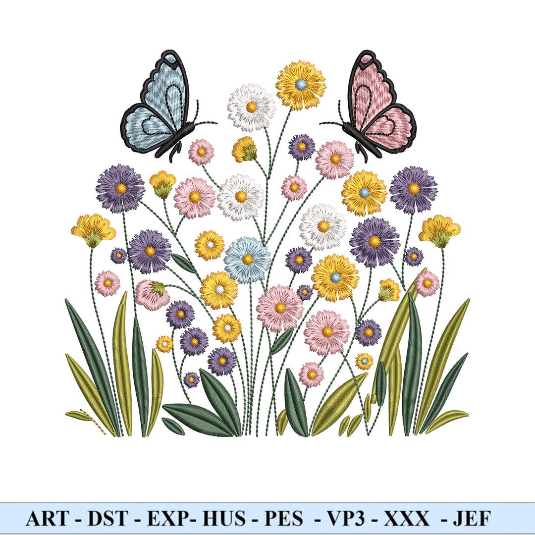 Summer Meadow Flowers Embroidery , Wildflowers With Butterflies ...