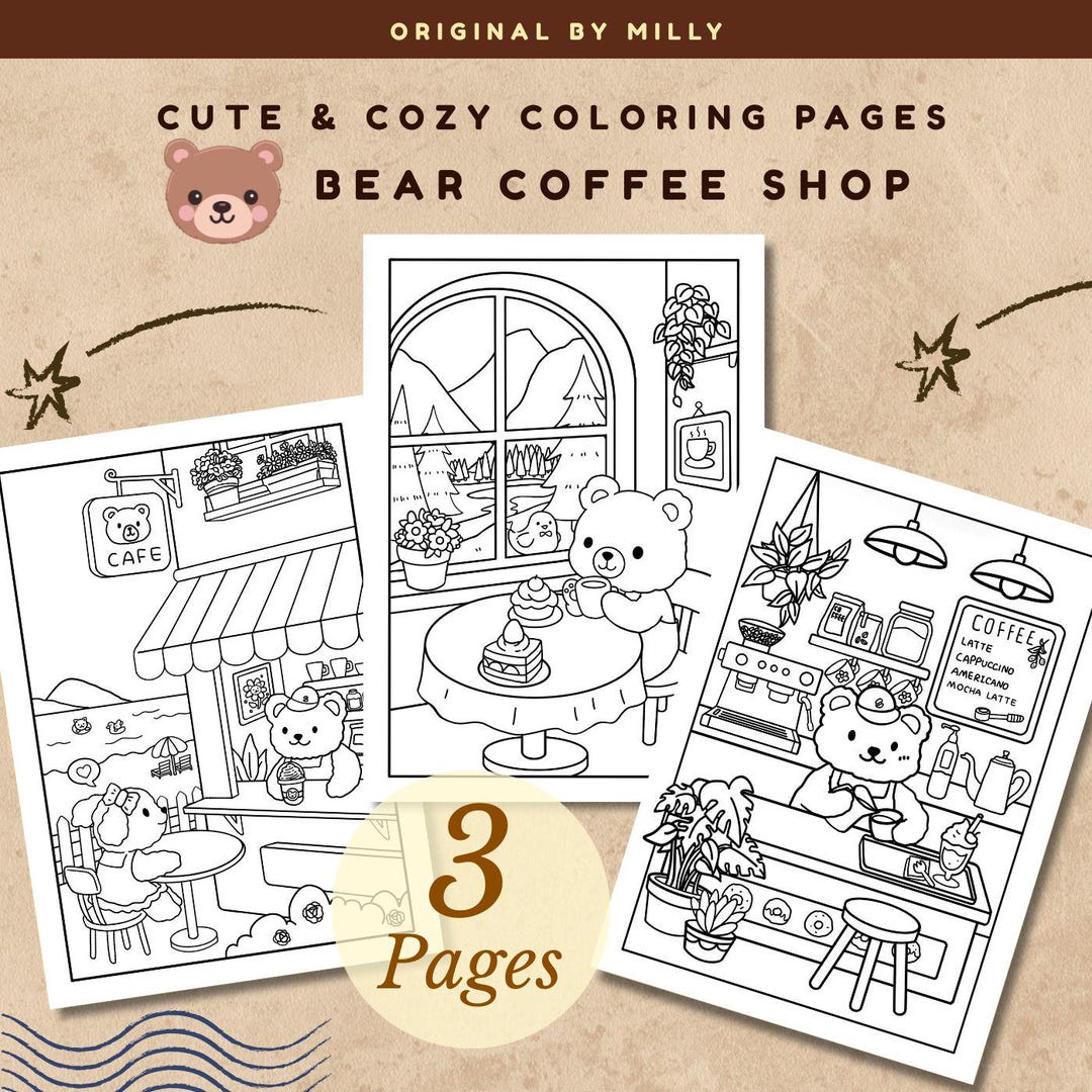 Cute Cafe Coloring Pages Bundle – Kawaii Bear Coffee Shop, Cute and ...