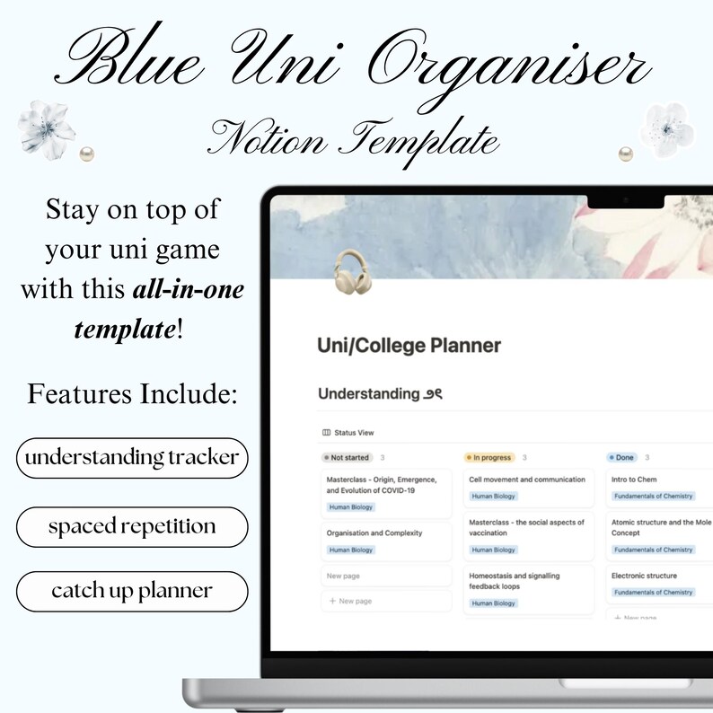 Blue Uni Organiser Notion Template | Understanding Tracker, Spaced ...