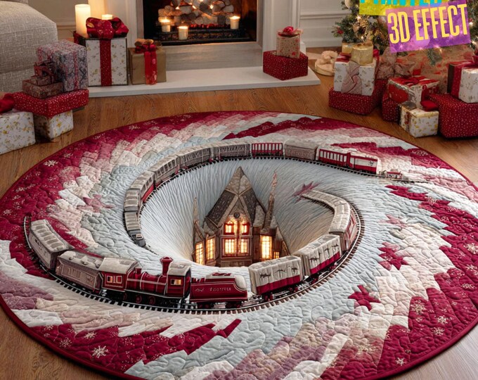 Christmas Train 3D Illusion Round Rug, Washable Non-slip Holiday Area ...