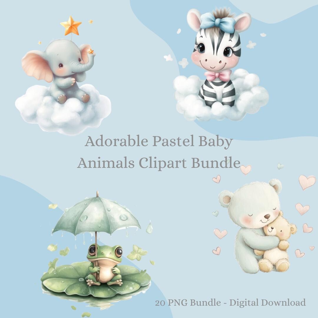 Pastel Baby Animals Clipart Bundle - 20 Cute Cartoon Pngs, Digital ...