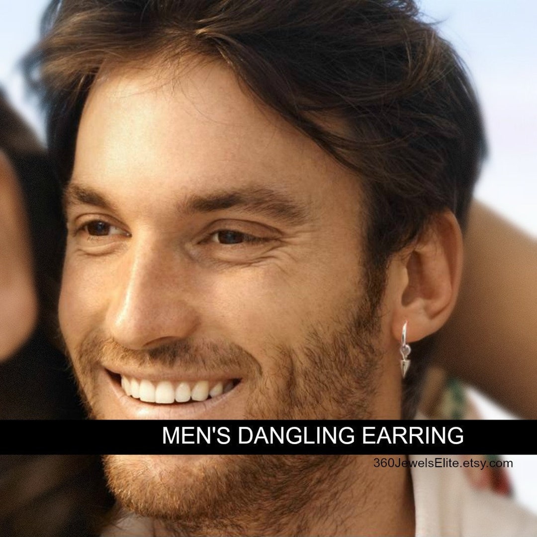 Men's Dangling Earrings, Dangle Hoop Earring, Huggie Earring, Sterling ...
