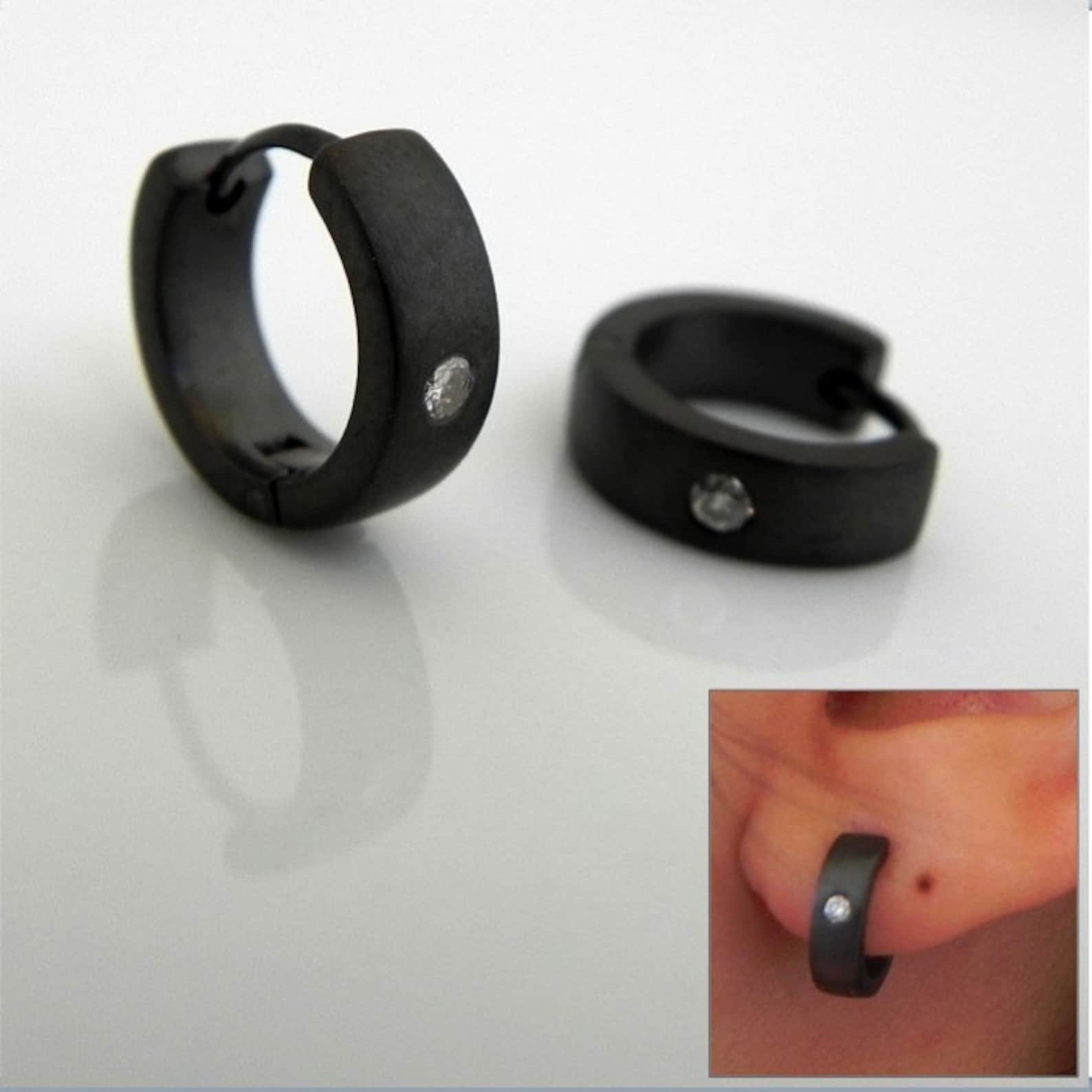 Men's Hoop Earrings White Diamond Set in Black Gold | Etsy