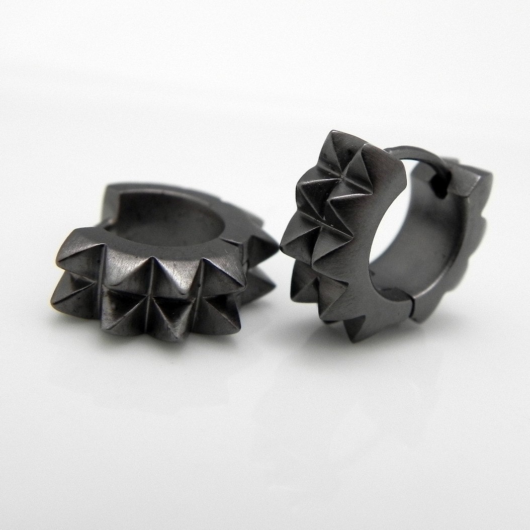 Men's Hoop Earrings, Double Spike Hoop Earrings, Charcoal Black Hoop ...