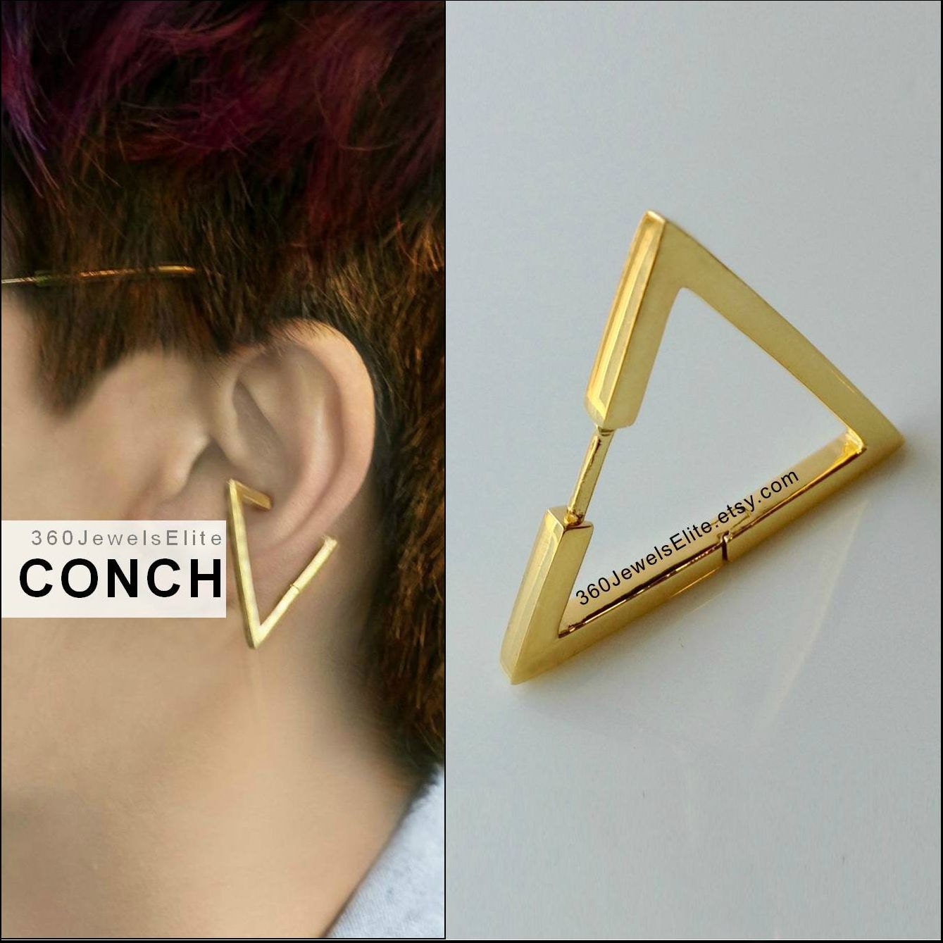Gauge Conch Piercing Mens Earring Triangle Gold Plated over | Etsy