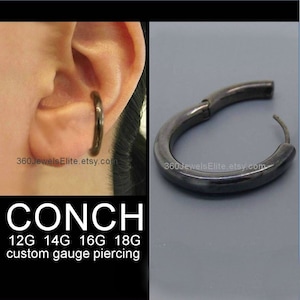 Mens Black Conch Gauge Earring - Black Plated 925 Sterling Silver Hoop ...