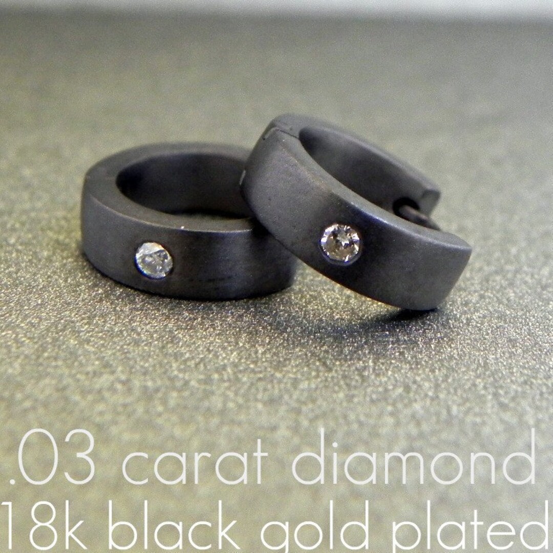 Men's Hoop Earrings, White Diamond Set in Black Gold Hoops, Hoop ...