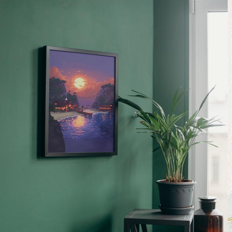 Pixel Art Sunset Poster | Minecraft-inspired Beach Landscape Wall Art ...