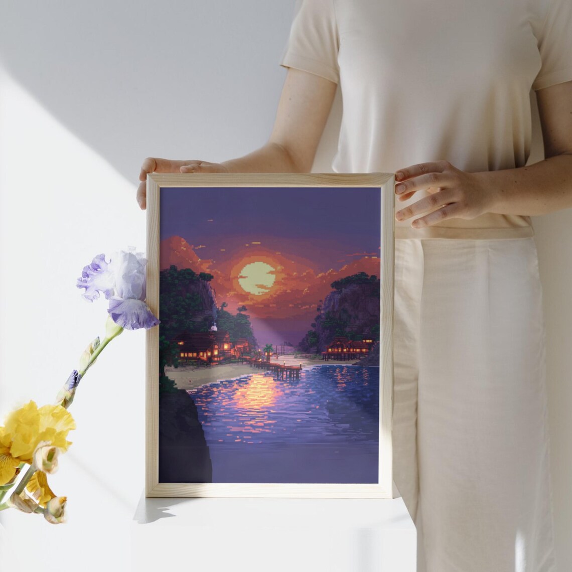 Pixel Art Sunset Poster | Minecraft-inspired Beach Landscape Wall Art ...