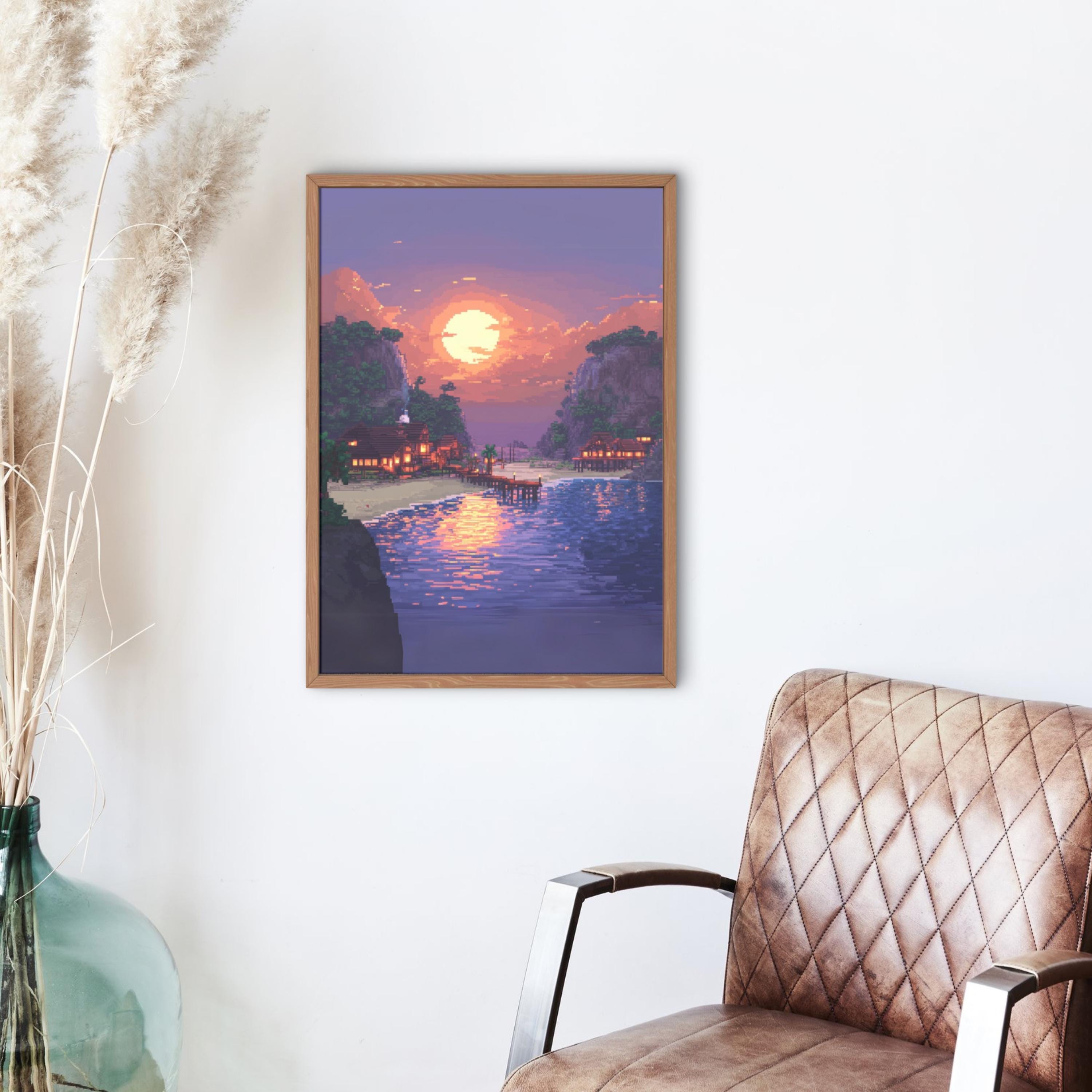 Pixel Art Sunset Poster | Minecraft-inspired Beach Landscape Wall Art ...