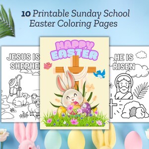 Easter Coloring Page for Sunday School and Classroom: Bunnies, Eggs ...